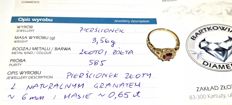 ZŁOTY PIERŚCIONEK Z NATURALNYM GRANATEM PR595 R20 3,56G+CERTYFIKAT ...