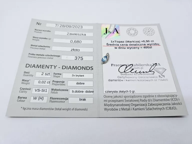 ZŁOTA ZAWIESZKA 375 TOPAZ 0,5CT BRYLANT 0,02CT | Wisiorki | Loombard.pl