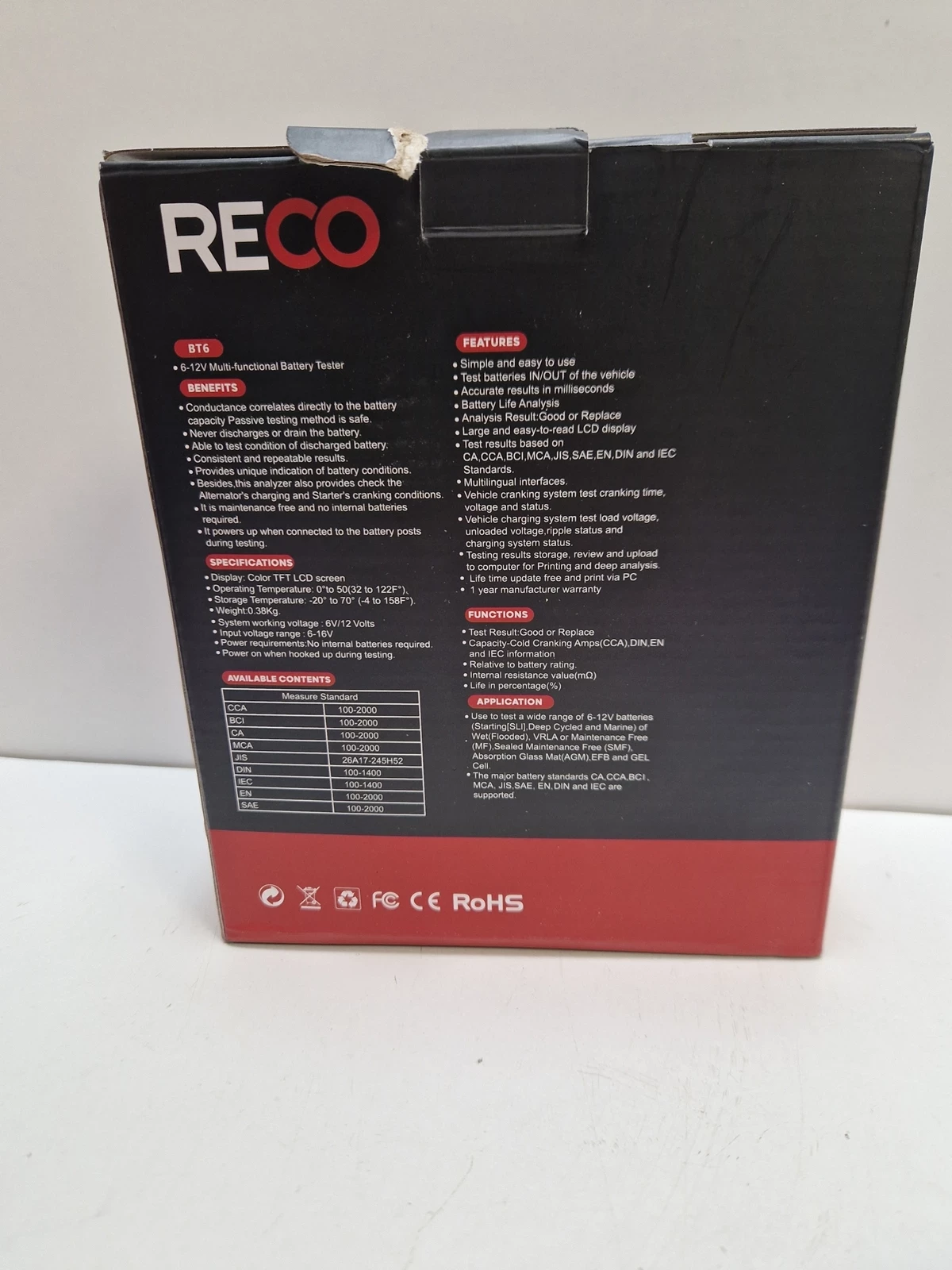 TESTER AKUMULATORÓW RECO BT6 ANALYZER 6V 12V MOTO | Testery ...