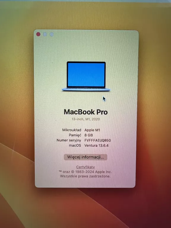 LAPTOP APPLE MACBOOK PRO 13,3 A2338 M1 8/256GB 2020 89% BAT | Laptopy ...