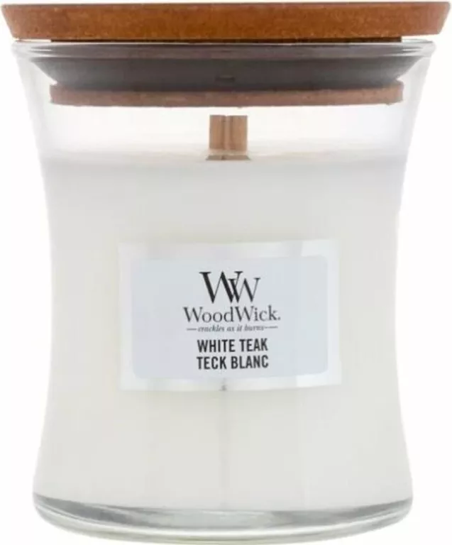 WOODWICK ŚWIECA ZAPACHOWA Z DREWNIANYM KNOTEM MAŁA WHITE TEAK 85G | Loombard.pl