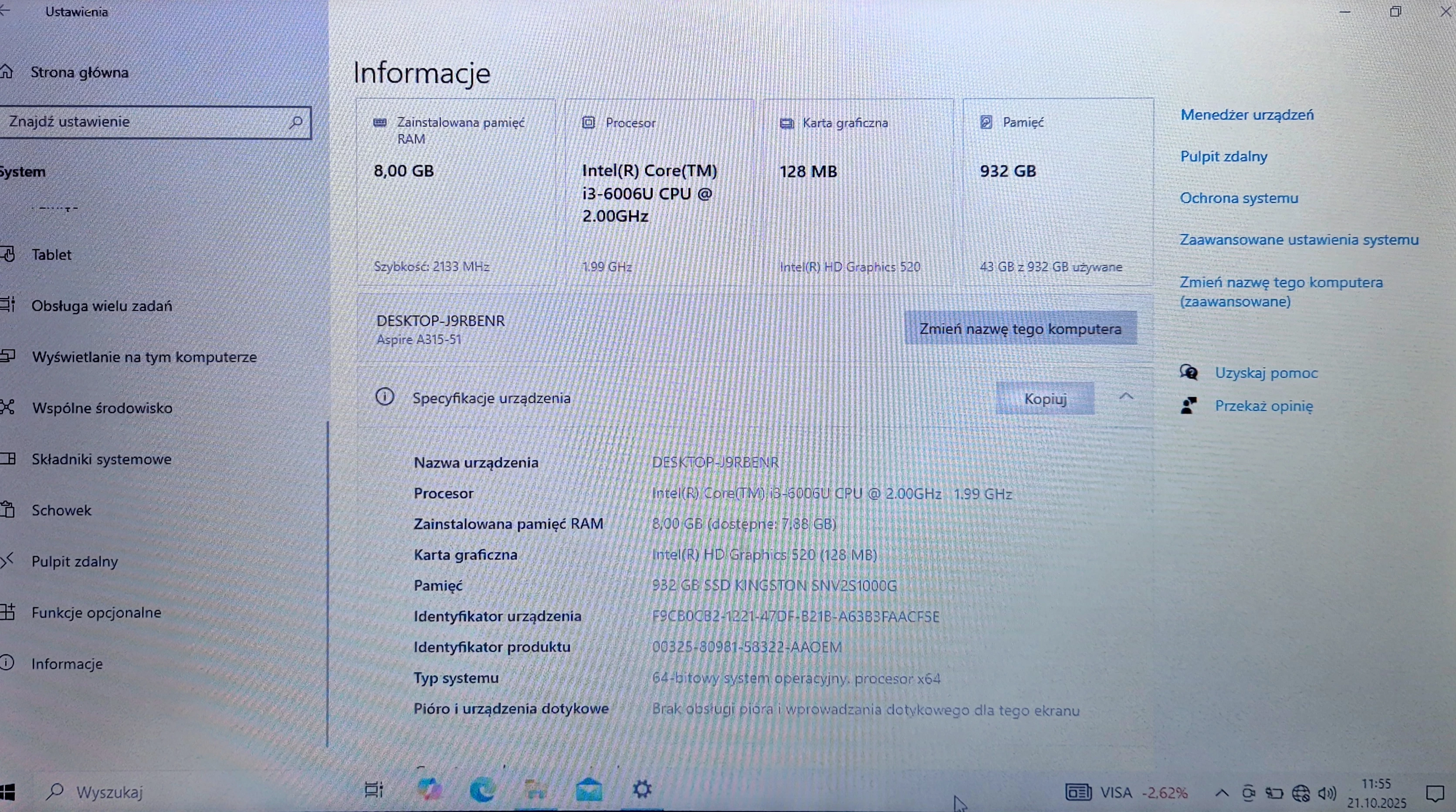 LAPTOP ACER ASPIRE A315-51 INTEL CORE I3-6006U 8/1000GB SSD | Laptopy ...