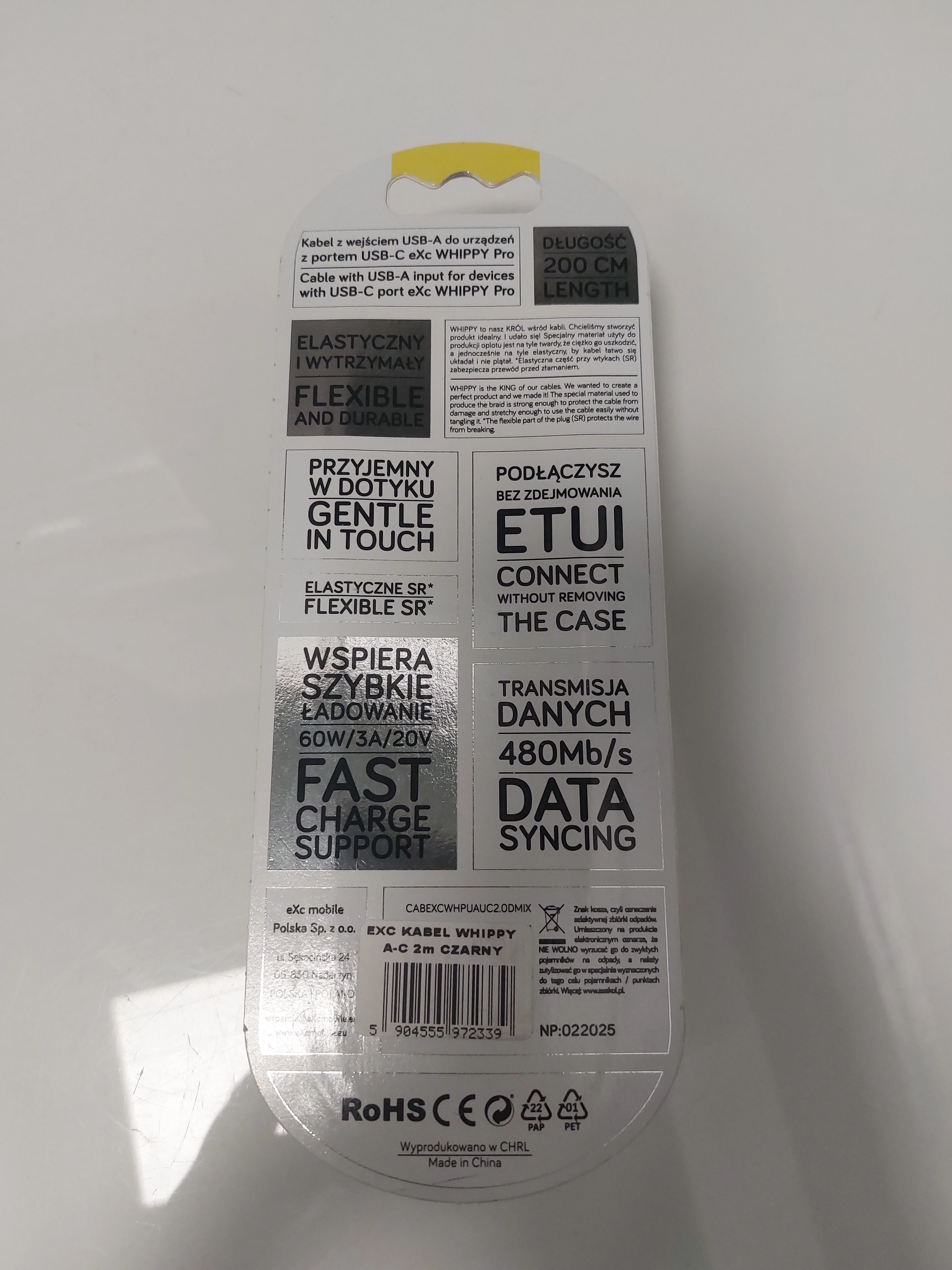 KABEL USBA-USBC EXC WHIPPY PRO 2.0M,CZARNY | Pojedyncze kable | Loombard.pl