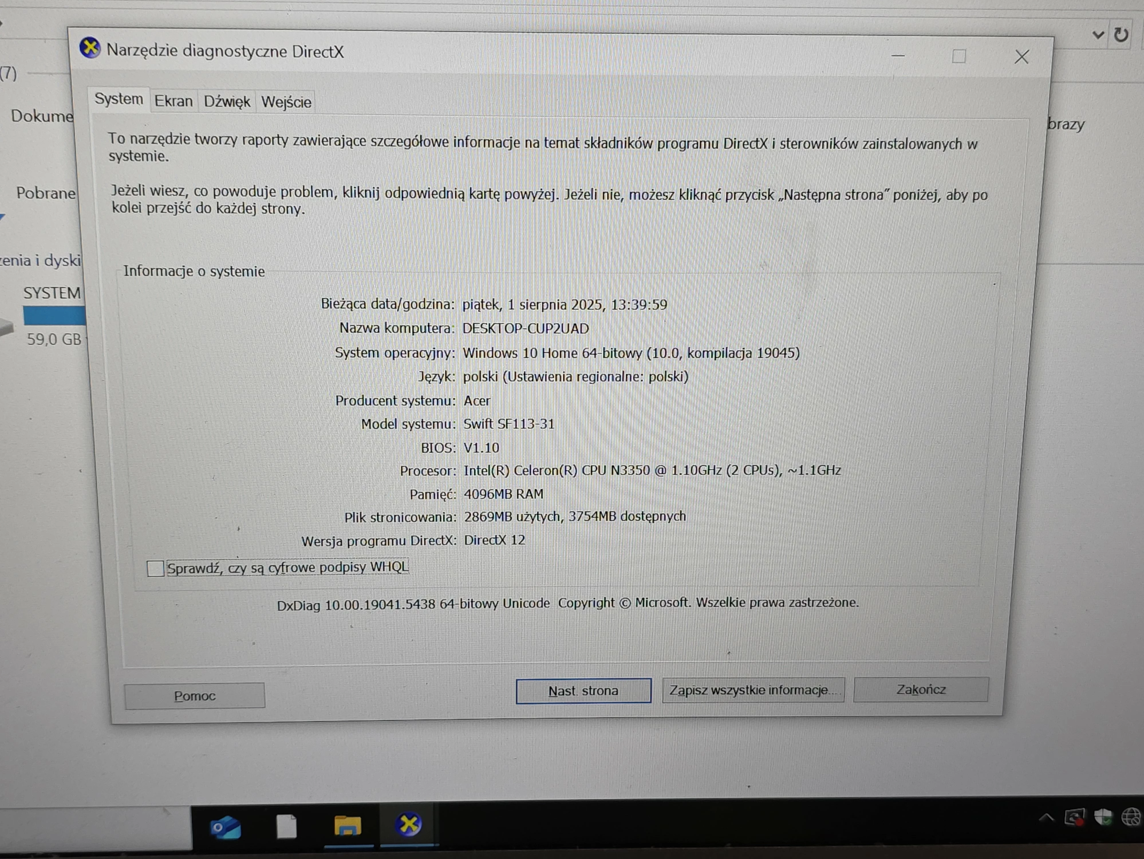 LAPTOP ACER SWIFT 1 N17P2 CELERON RAM 4GB DYSK 120GB SSD | Laptopy ...