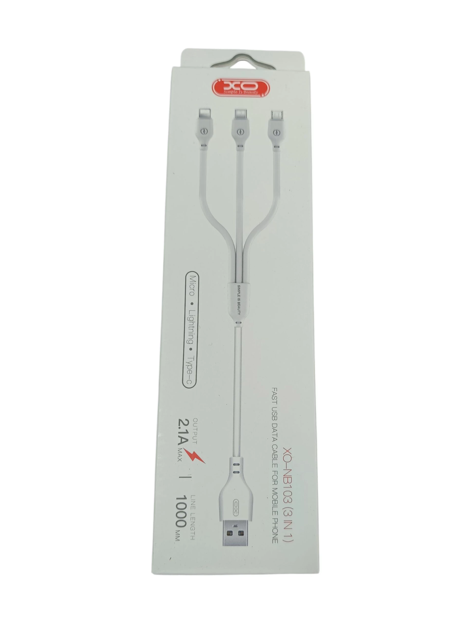 KABEL 3W1 USB DO LIGHTNING + USB-C + MICROUSB 1M 2,1A BIAŁY NB103 XO | Loombard.pl