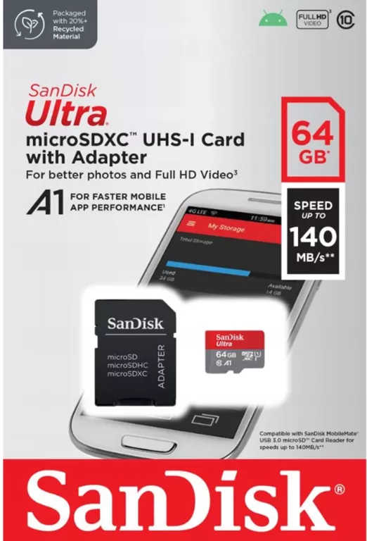 SANDISK ULTRA KARTA 64GB MICRO SDXC 140MB/S SD + ADAPTER | Karty ...