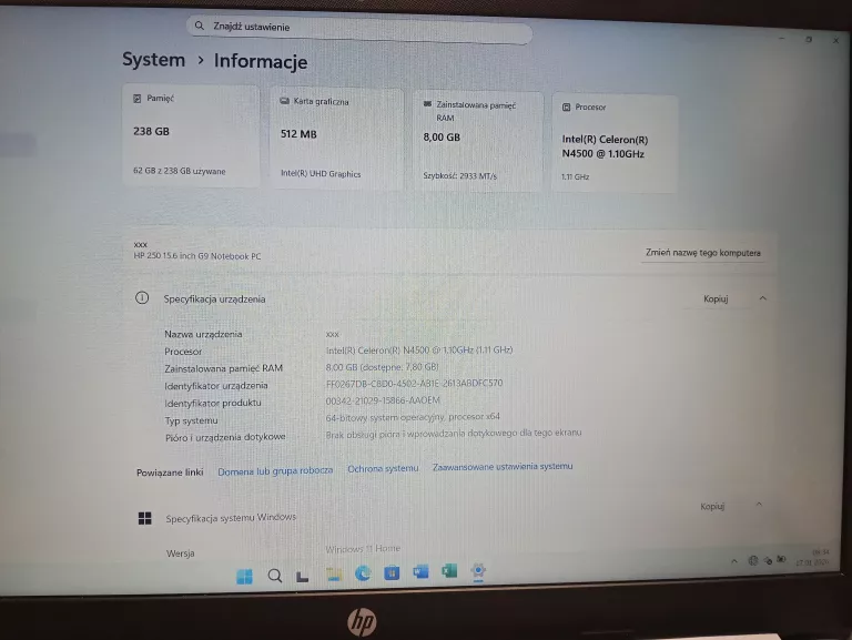 LAPTOP HP 250 G9 INTEL CELERON N4500/ 8GB RAM/ 240GB SSD/ INTEL HD ...
