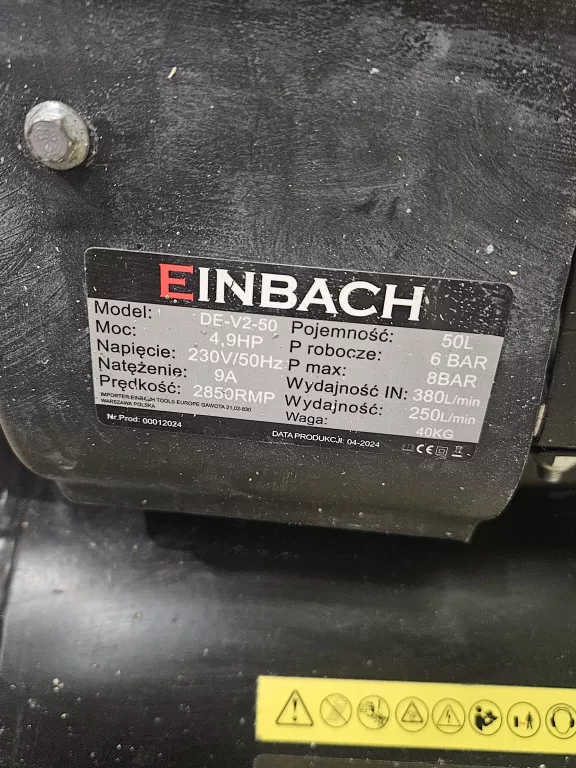 KOMPRESOR OLEJOWY DWUTŁOKOWY EINBACH DE-V2-50 50L 6-8 BAR 9A | Loombard.pl
